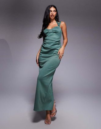 Asos Midikleid in Gr&uuml;n mit Riemchentr&auml;gern und K&ouml;rbchen