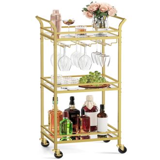 Vasagle Servierwagen, 3 Ebenen, Rollwagen, mit Rollen, Griffen, verspiegelte Glasablagen, f&uuml;r kleine R&auml;ume, K&uuml;che, Esszimmer, Bar, goldfarben LRC091A62