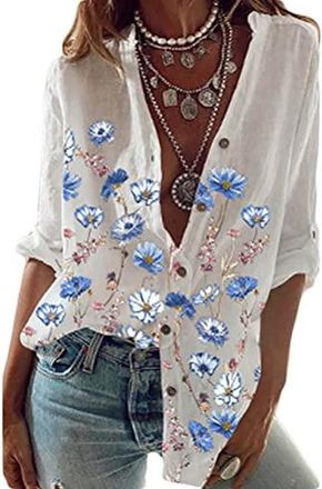 ORANDESIGNE Chemise Tunique Femme Longue Chic et Élégant Fluide Blouse Fleurie Haut Mode Chemisier Vintage Retro Tshirt Manche Longue Col V Tee Shirt Lâche Top A 