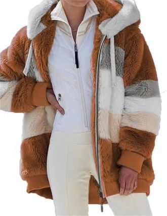 Generic Veste matelassée en laine dagneau contrastée pour femme - Veste dhiver décontractée à capuche avec fermeture éclair