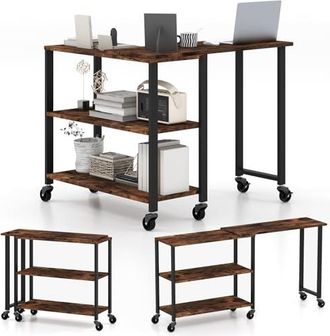 Giantex GYMAX Bureau dOrdinateur Rotative &agrave; 360&deg;, Longueur R&eacute;glable, Table dAppoint avec Grand Espace de Rangement &agrave; 3 Niveaux, Mobile avec 6 Roues, 101x 82,5