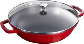 Staub Wok aus Gusseisen, Innen emailliert, 30 cm, inkl. Glasdeckel, für alle Herdarten inkl. Induktion, Kirschrot