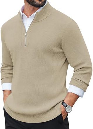 Coofandy Pull Hommes Maille Half Zip Pulls &agrave; Col Montant Travail Manches Longues Hiver Maille Fine Sweat Homme Chandail Marron Clair L
