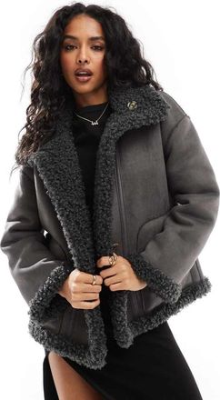 Object Blouson aviateur r&eacute;versible imitation daim et shearling - Gris fonc&eacute;