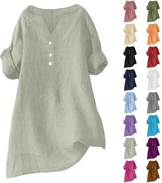 Generic Chemise en lin pour femme &agrave; manches courtes - Chemisier long &eacute;l&eacute;gant en lin - Chemisier d&eacute;t&eacute; en mousseline - Chemisier surdimensionn&eacute; - Chemise longue