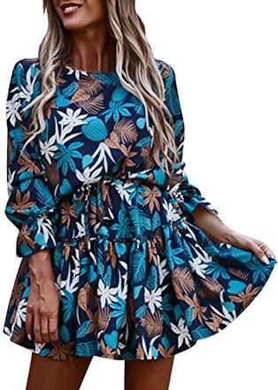 Generic Robe d&eacute;t&eacute; 2026 boh&egrave;me &agrave; volants et col rond &agrave; manches longues et smocks pour femmes, mini robe patineuse &agrave; motif floral, bleu, S