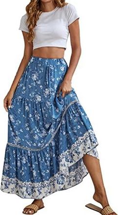 Generic Robe boh&egrave;me 2026 pour femme - Jupe &agrave; ourlet surdimensionn&eacute; en dentelle ajour&eacute;e - Imprim&eacute; patchwork, bleu, XL