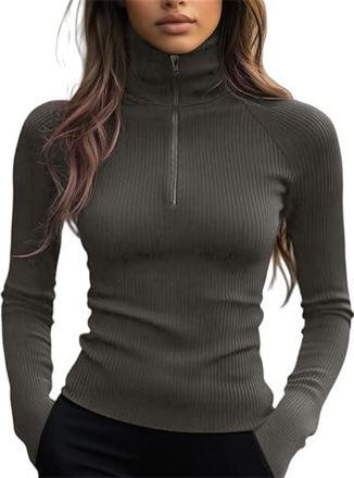 Generic Pull &agrave; col roul&eacute; c&ocirc;tel&eacute; pour femme - Couche de base thermique &agrave; manches longues - Tenue dautomne tendance, gris, XXL