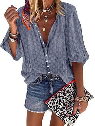 ORANDESIGNE T-Shirt Femme Manches 3/4 Casual Eté Tops Col V Hauts Blouse Chic Tee Shirt Chemise Grande Taille Décontractée Top Z1 Gris 48