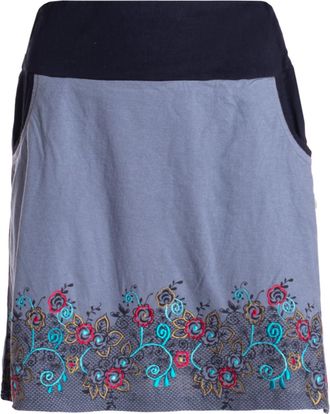 vishes Alternative Bekleidung - Damen Mini-Rock Baumwolle Blumen-Muster extra breiter Bund mit Kordel-Zug und Taschen mit Stickerei grau 38
