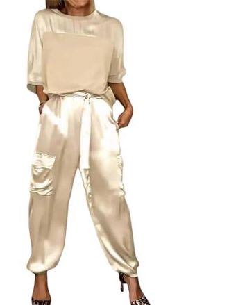Generic Ensemble de pantalons en satin, ensemble haut &agrave; manches mi-longues et pantalon en satin lisse, ensemble 2 pi&egrave;ces pour femme, ensemble confortable et d