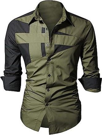 Generic Chemise formelle &agrave; coupe ajust&eacute;e pour homme avec contraste noir et blanc, panneau g&eacute;om&eacute;trique, tissu l&eacute;ger et infroissable, chemise habill&eacute;e moderne e