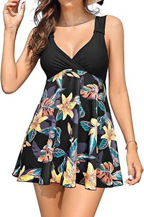 SHEKINI Femme Col en V Maillot de Bain 1 Pièce avec Jupette Rembourré Vintage Abdominal Contrôle Halter avec Larges Bretelles Maillot Une Pièce Bikini Robe de