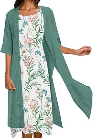 Generic 2026 Robes amincissantes pour femmes, robe d&eacute;contract&eacute;e &eacute;l&eacute;gante &agrave; col rond et imprim&eacute; floral, ensemble deux pi&egrave;ces, Vert, L