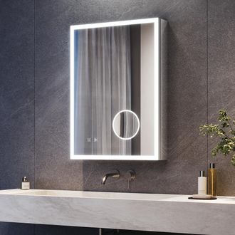 Sonni Spiegelschrank Bad mit Beleuchtung und Steckdose 70 x 50 cm, Aluminum Spiegelschrank mit Touch-Schalter, 3 Lichtfarben + Defogging + 3-fache Vergr&ouml;&szlig;er