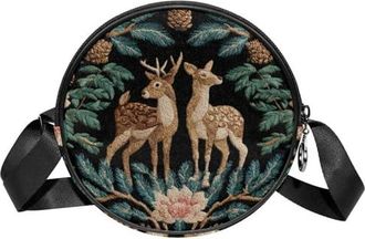 Generic Sac &agrave; bandouli&egrave;re rond rond pour femme, petit sac &agrave; bandouli&egrave;re brod&eacute;, motif cerf brod&eacute;, sac &agrave; dos avec fermeture &eacute;clair, bretelles r&eacute;glables, sac &agrave; m