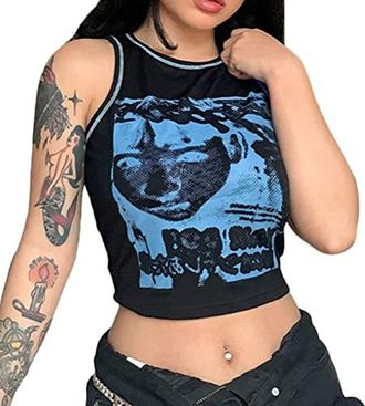 ORANDESIGNE Crop Top Femme Fille Moulant Tops Court Blouse Stretch Manche Courte Imprimé Hip Hop E-Girl Col Rond T-Shirt Ajusté Chemisier Eté Mode Chic Hauts Femm