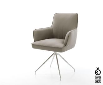 DELIFE Drehstuhl Heira-Flex mit Armlehnen Echt-Leder Schlamm Kreuzgestell konisch Edelstahl 180&deg; drehbar Taschenfederkern, Esszimmerst&uuml;hle