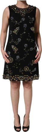 Dolce & Gabbana Femme, Robes, Noir, Taille: 36 FR Robe sans Manches Orn&eacute;e de Perles et de Motifs Floraux