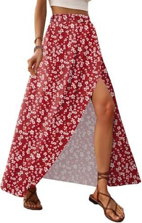 Zeagoo Femmes Jupe Été Casual Longue Jupes Bohême Taille Elastique Maxi Jupe Fleurie Fleurs Imprimé Jupes avec Fente Chiffon Lightweight Skirts Fleur Rouge X