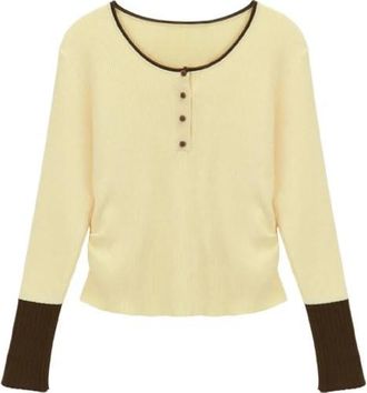 Generic QXDZSW Pull &agrave; manches longues pour femme Hiver R&eacute;tro Contraste Couleur Col rond Tricot Haut Confortable Slim Pull, jaune, L