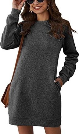 ORANDESIGNE Femme Robe Pull Courte Sexy Pull &agrave; Col Rond Manche Longue Pulls Casual Robe Automne Hiver Fille Couleur Unie Pull-Over Sweat-Shirt avec Poches Mini Ro