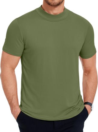 Coofandy Herren Shirt Stehkragen Shirt Kurzarm Sommer Rundhals T Shirt Sommershirts Kurzarmshirt Einfarbig Unterhemd Slim Fit Sommer Tee Shirts Armeegrün XXL