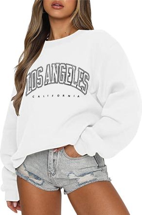 TOMWELL Sweatshirt Damen Oversized Pullover Herbst Winter Rundhals Pulli Mädchen Fleecepullover Langarmshirt B Weiß XXL