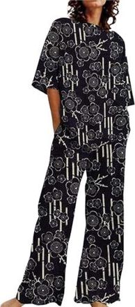 Generic Ensembles De Pyjama Hiver Femme Tenues dété pour Femmes, Ensemble 18 Coton et Lin, t-Shirt surdimensionné, Pantalon à Jambe Droite, survêtement Grande