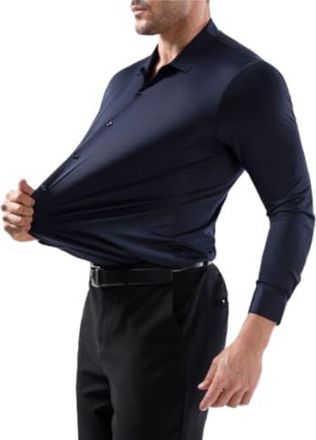 Generic Chemise stretch sans repassage anti-rides, manches longues unies, sans plis, &agrave; boutons, coupe r&eacute;guli&egrave;re, chemises formelles, bleu marine, M