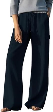 Generic Pantalon cargo en coton et lin pour femme - Pantalon d&eacute;contract&eacute; taille haute avec cordon de serrage et poches lat&eacute;rales, respirant, l&eacute;ger, coupe ampl