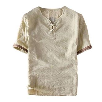 Generic Chemise d&eacute;t&eacute; en coton et lin pour homme - Grande taille - Couleur unie - Boucle &agrave; disque - Coupe droite, kaki, 3XL