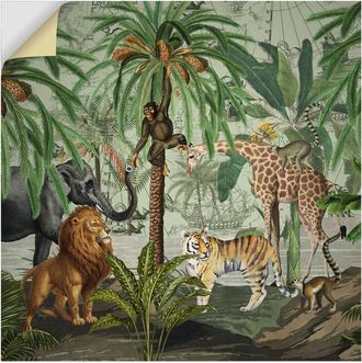 Artland ARTland Wanddeko Wandtattoo selbstklebende Vinylfolie 100x100 cm Exotische Pflanzen Tiere Dschungel Afrikas Vintage Zoo U5GW