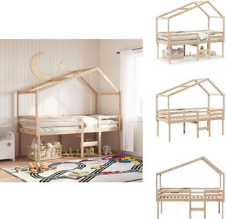vidaXL Hochbett mit Dach 90x190 cm Massivholz Kiefer - Kinderbett - Hochbett - Holzbett - Kiefernholzbett - Jugendzimmer