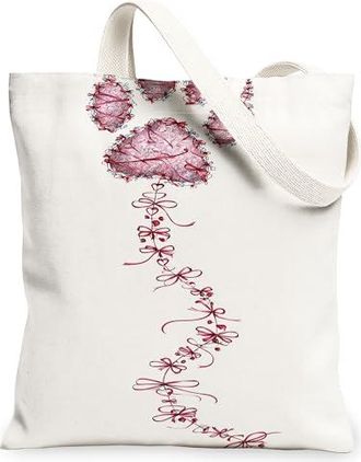 Generic Sacs fourre-tout en toile avec imprim&eacute; de pattes florales, motif animal &eacute;l&eacute;gant, sacs d&eacute;picerie r&eacute;utilisables, printemps vintage, l&eacute;ger, lavable, blan