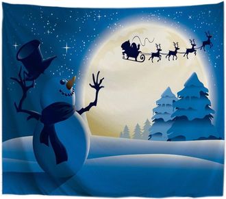 A.Monamour Wanddekor Wandteppiche Weihnachten Urlaub Themed Weißen Schnee Niedlichen Schneemann Kiefer Santa Claus Reiten Der Schlitten Durch Große Runde Mond Ta