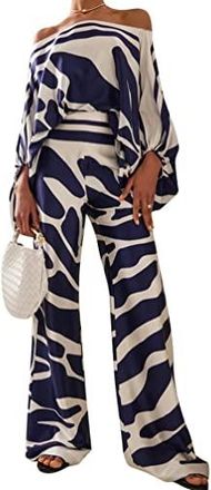 Minetom Femme 2 Pièces Vêtement Elégant Épaules Dénudées Imprimé Manches Longues Haut Top et Pantalon Survêtement Ensemble 2pcs Bleu XXL