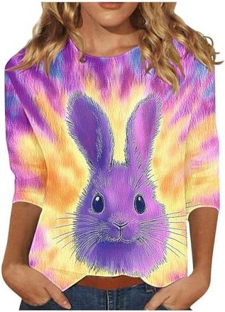 Generic Chemises de P&acirc;ques pour femmes - T-shirts graphiques amusants &agrave; manches 3/4 pour le printemps et l&eacute;t&eacute; - T-shirts Happy Easter, violet, XL
