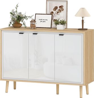 HOMCOM Hochglanz Buffet, Aufbewahrungsm&ouml;bel mit 3 T&uuml;ren, verstellbare Regale, Holzbeine, moderner Stil, Buffet Esszimmer, K&uuml;che und Wohnzimmer, 107 x 35 x 77