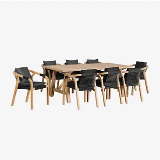 Sklum Set aus rechteckigem Tisch 200x100 cm und 8 Esszimmerst&uuml;hlen aus Akazienholz Dubai Grau Graphit Rustikales Akazienbraun - Sklum