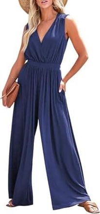 Onsoyours Combinaison Femme Élégant Festif Long Overall Sans Manches Jumpsuit Décontractée Taille Haute Jambes Larges Pantalon Business Romper De Vacances Plage