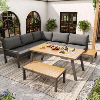 STILVORA Salon de Jardin avec 2 Canap&eacute;s 2 Places, 1 Module dAngle, 1 Banc et 1 Table avec Seau &agrave; Glace, pour 6-7 personnes, M&eacute;tal et Polyester, Gris