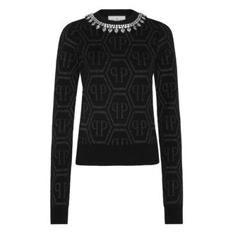 Philipp Plein Femme, Pulls, Noir, Taille: 42 FR Monogramme Col Rond