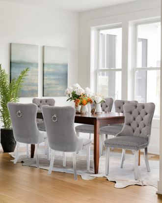 Generic Samtgepolstertes, Getuftetes Esszimmerstuhl-Set Mit Nagelkopfbesatz Und Beinen Aus Massivholz - Beige (für Esszimmer, Küche, Restaurant)(Grey-Silver L