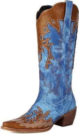 Generic Bottes d&eacute;quitation &agrave; bout carr&eacute; et talon &eacute;pais pour femme - Motif patchwork - Style western cowgirl, bleu, 39.5 EU