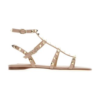 Valentino Garavani Femme, Chaussures, Beige, Taille: 37 EU Rockstud Sandale Plate en Cuir de Veau