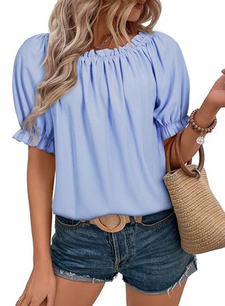 Dokotoo Damen Bluse Sommer Chiffon Tunika Kurzarm Falten Blusenshirt Elegant Rundhals Puff&auml;rmel Oberteile T Shirts Top, blau, 2XL
