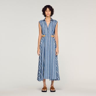 Sandro Robe longue &agrave; rayures et patte cuir