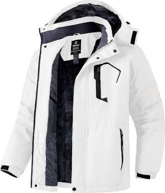 Wantdo Homme Veste de Ski Outdoor Veste Imperm&eacute;able Coupe-Vent Manteau dhiver Chaud avec Capuche Amovible Veste Sport Randonn&eacute;e Coupe-Vent Blanc XXL