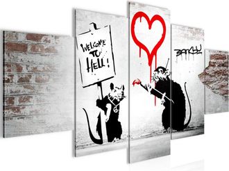 Runa Art Bild Loft Wohnzimmer Banksy Graffiti Zitat Ratten 5 Teilig Street Art Schwarz Grau Rot Wandbilder auf Vlies Leinwand 040453a